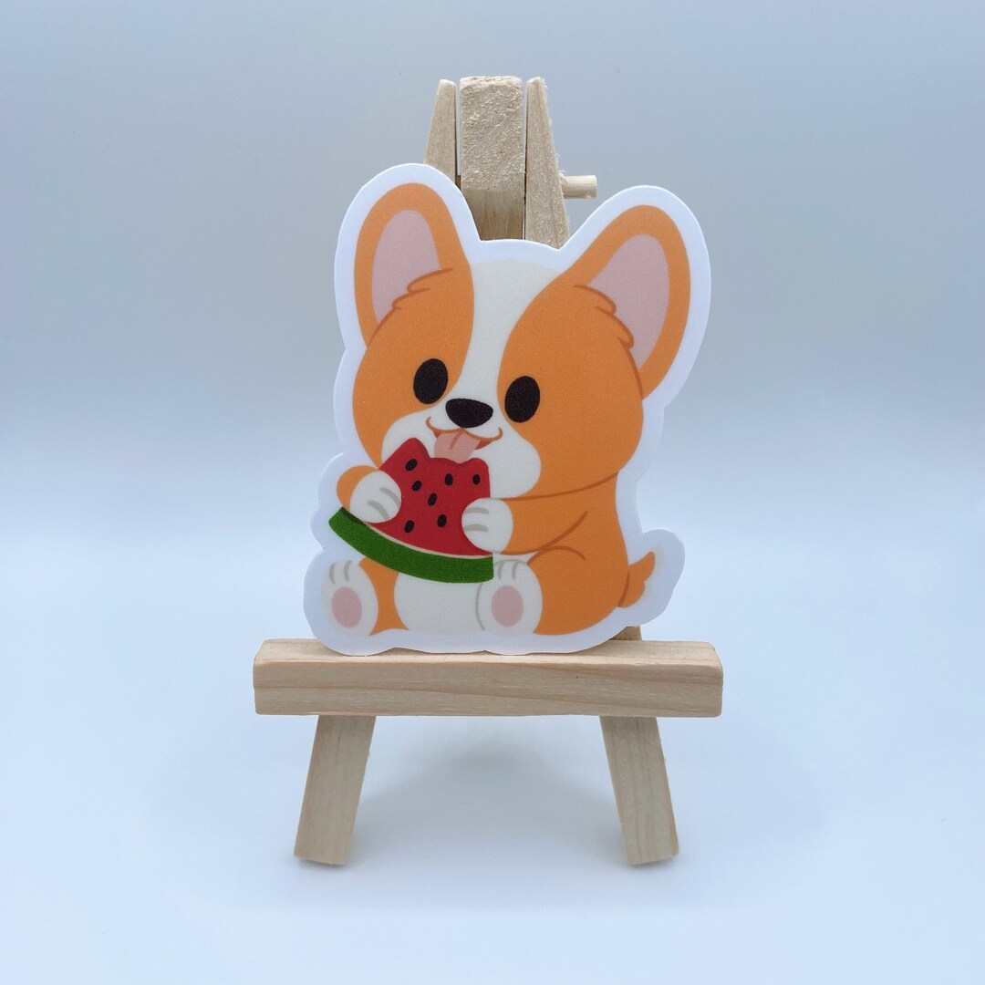 Corgi Eating Watermelon Vinyl Sticker, Cute Corgi Vinyl Sticker, Dog ...