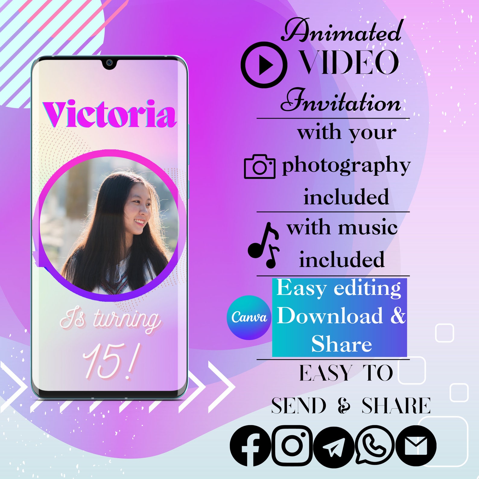 Neon Teenager Video Birthday Invitation, 15th Party Invite, Digital ...