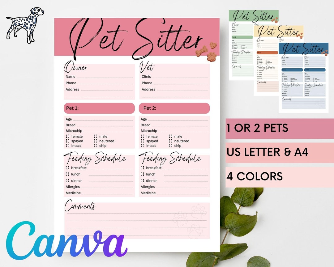 Pet Sitting Checklist Printable Dog Sitter Canva Template - Etsy