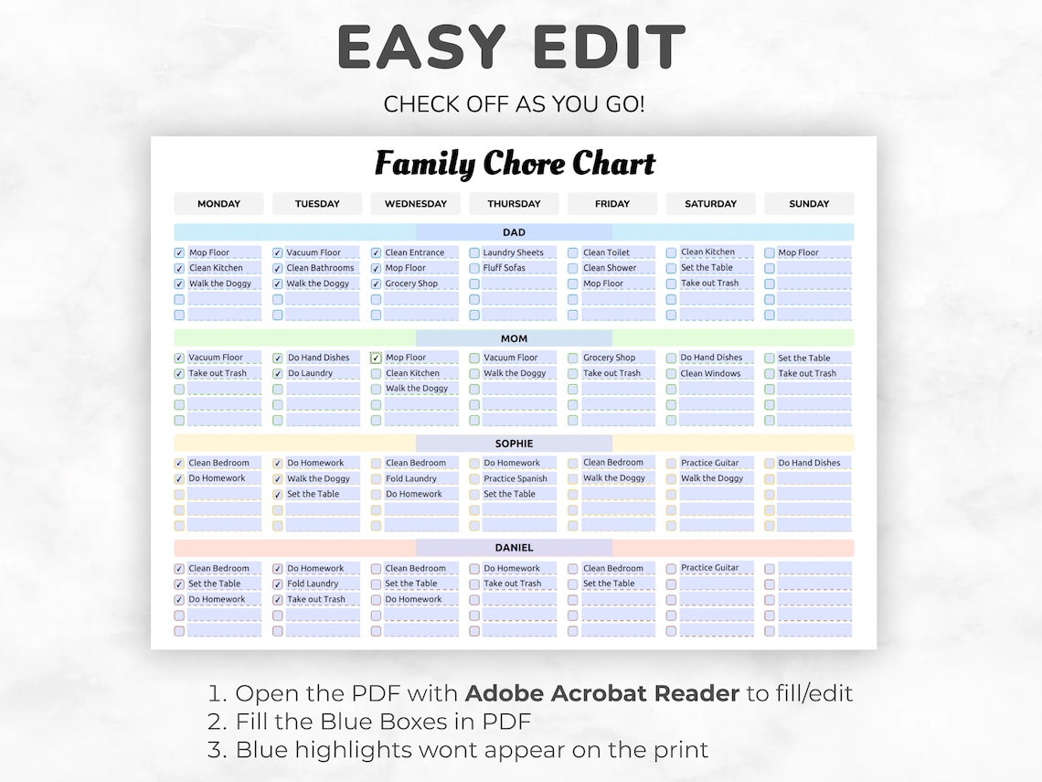 Editable Family Chore Chart, Printable Family Planner, Weekly Kids ...