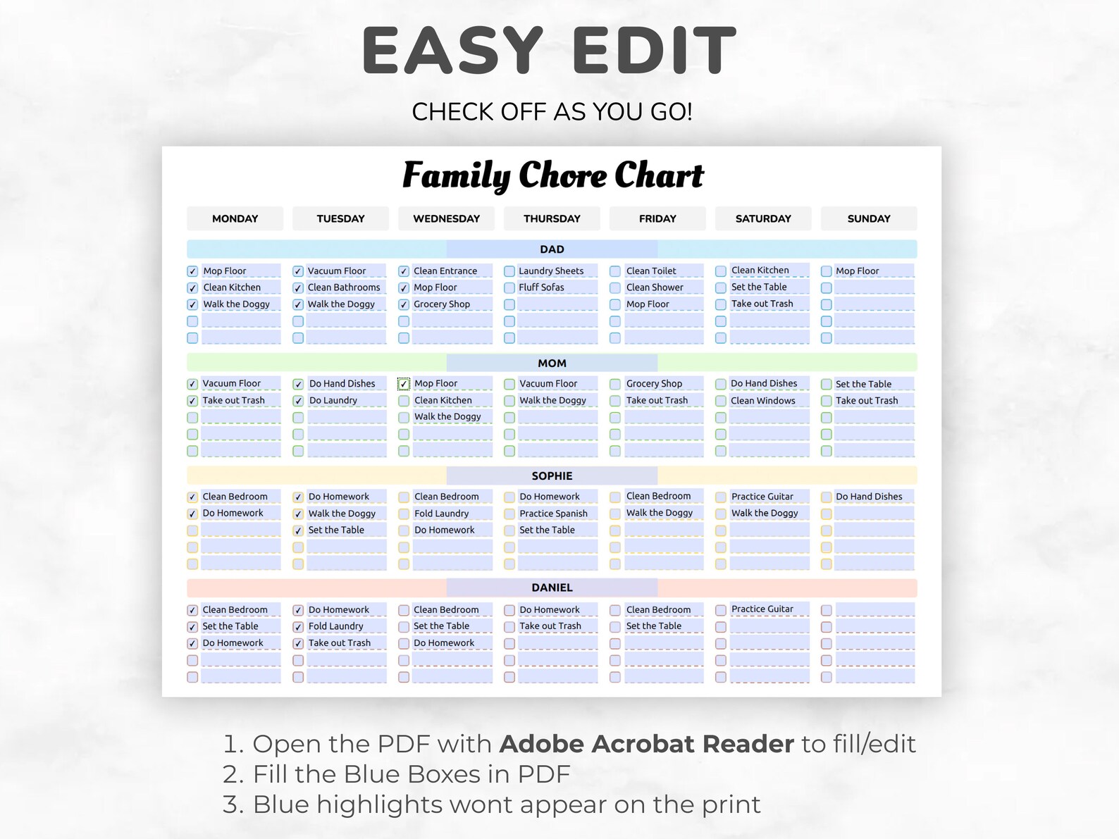 Editable Family Chore Chart, Printable Family Planner, Weekly Kids ...
