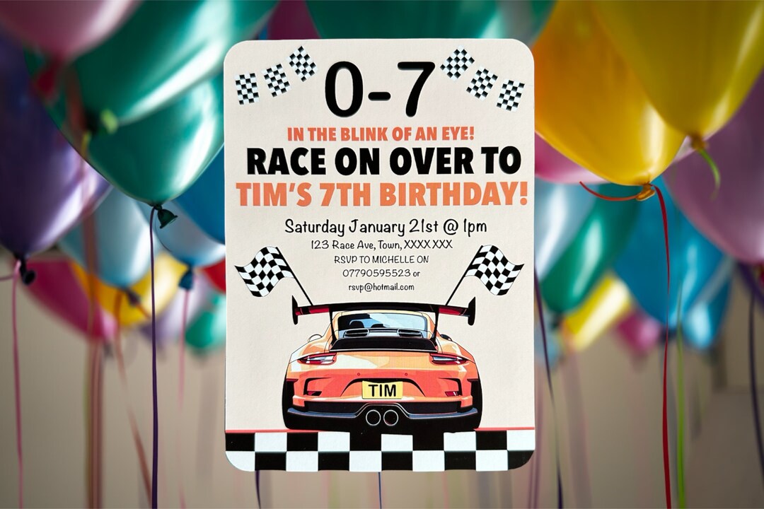 0-7 Personalised Sports Car Birthday Party Invitations for Birthday Boy ...