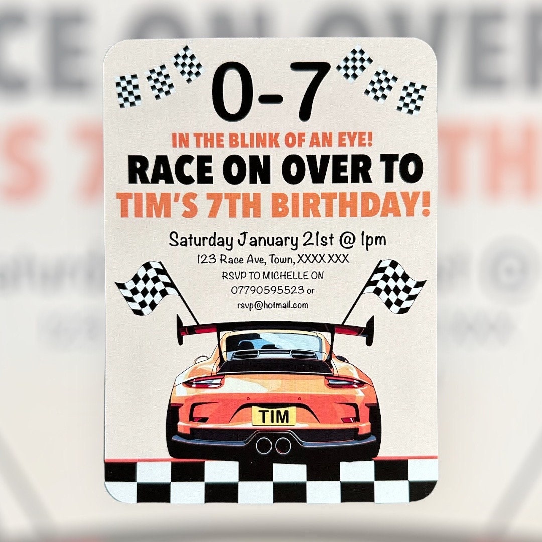 0-7 Personalised Sports Car Birthday Party Invitations for Birthday Boy ...