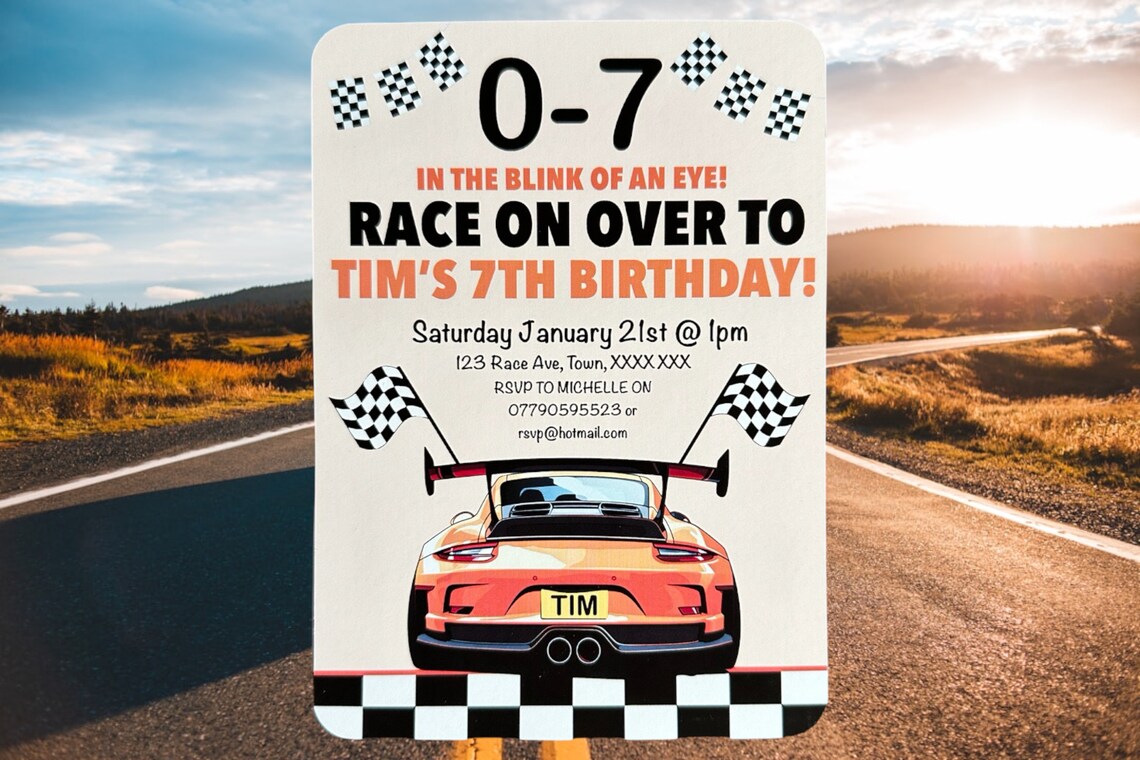 0-7 Personalised Sports Car Birthday Party Invitations for Birthday Boy ...