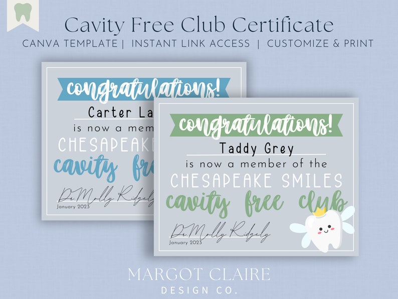 Cavity Free Club Certificate - Canva Pro Template | Pediatric Dental ...