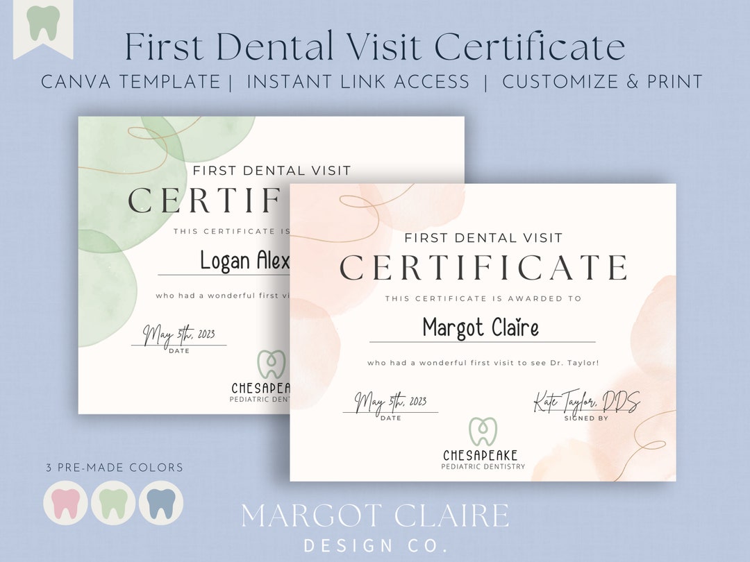 First Dental Visit Certificate - Canva Pro Template | Pediatric Dental ...