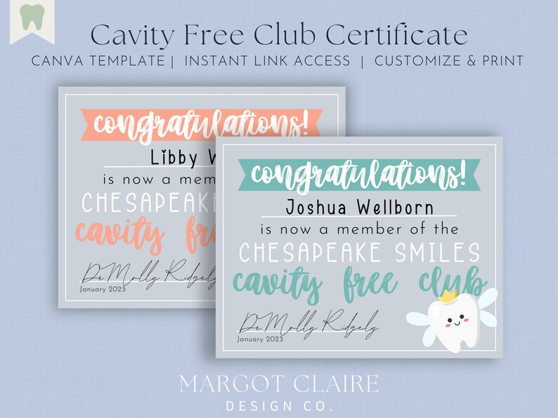 Cavity Free Club Certificate - Canva Pro Template | Pediatric Dental ...