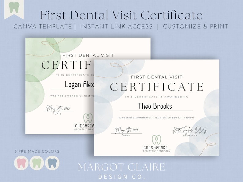 First Dental Visit Certificate - Canva Pro Template | Pediatric Dental ...