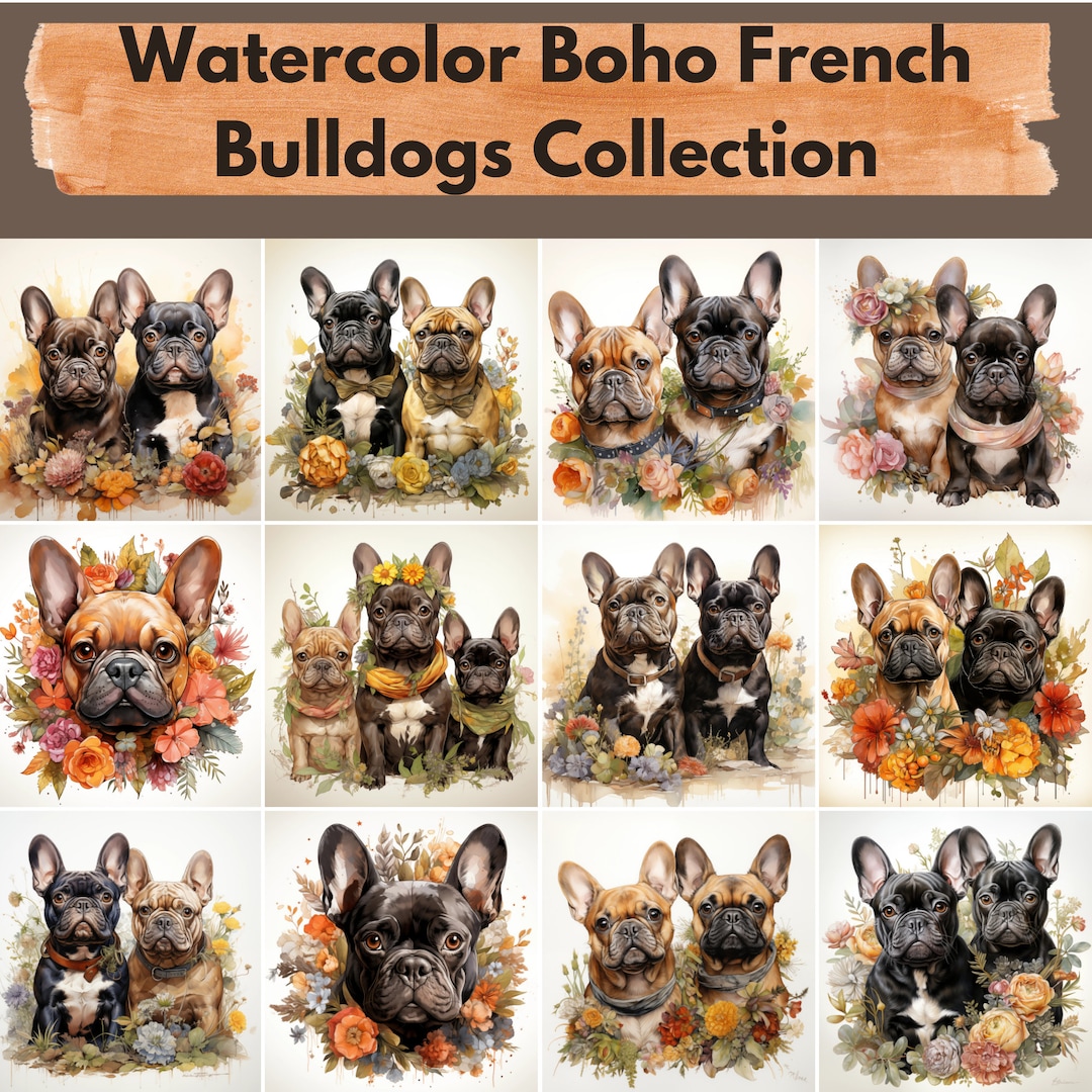 Watercolor Boho French Bulldogs Digital Paper -- Dog Backgrounds -- 12 ...