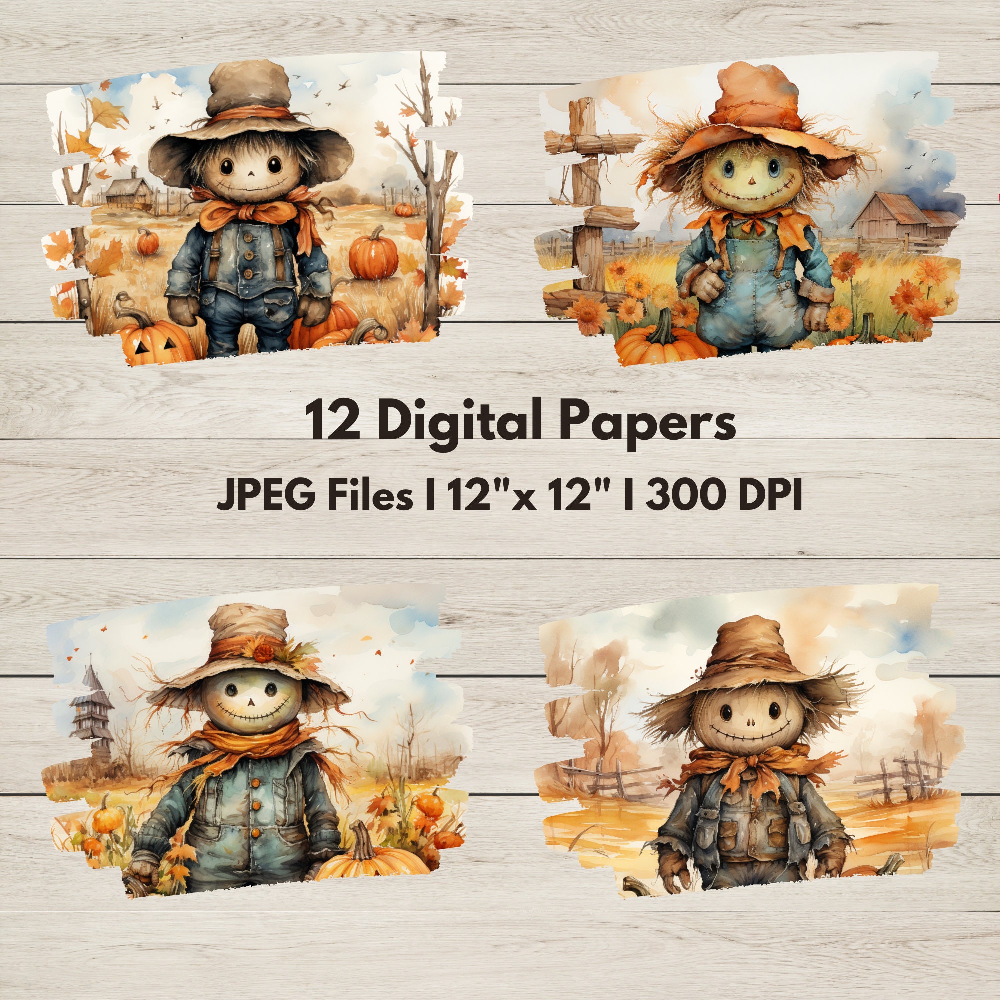 Watercolor Autumn Scarecrow Digital Paper -- Scarecrow Backgrounds ...