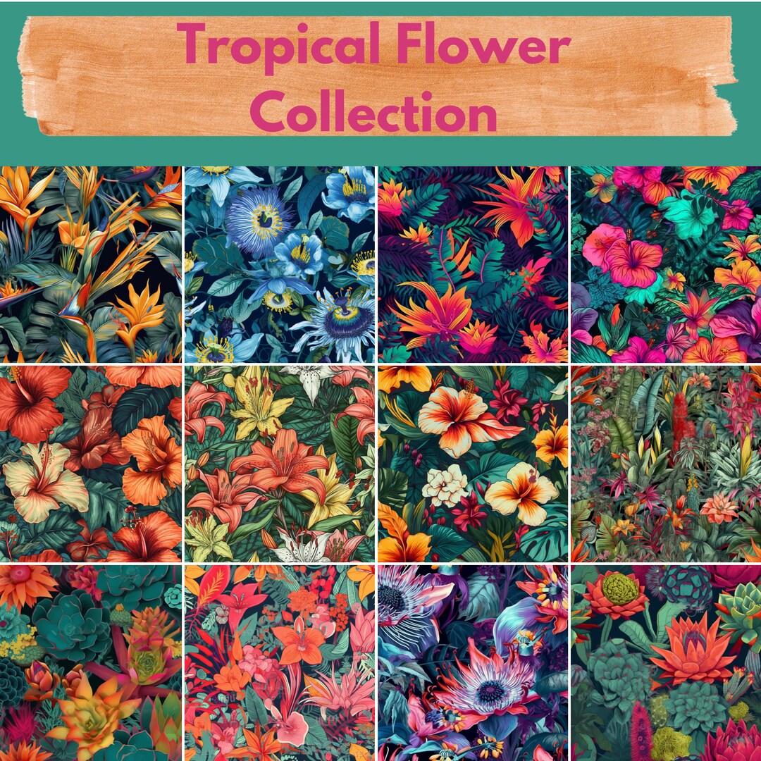 Tropical Flowers Digital Paper -- Seamless Pattern -- Flower ...