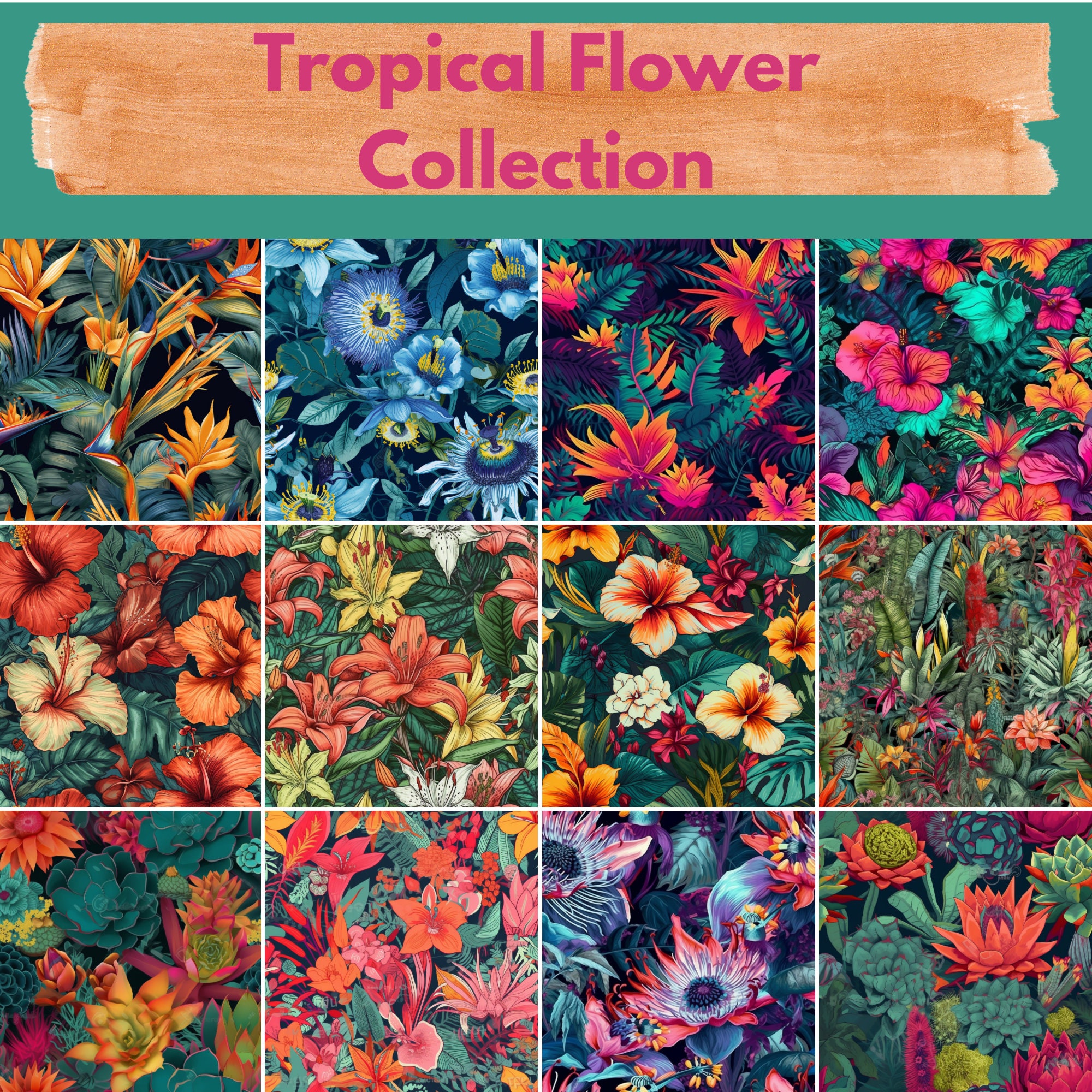 Tropical Flowers Digital Paper Seamless Pattern Flower Backgrounds 12 ...