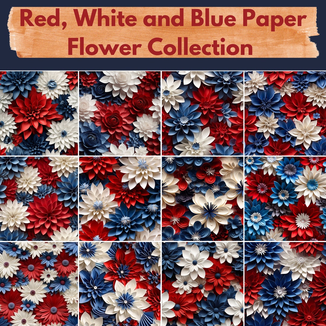 Red, White and Blue Paper Flower Digital Paper -- Seamless Pattern ...