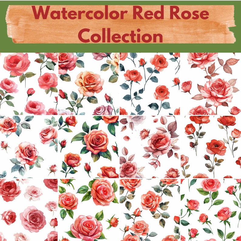 Watercolor Red Rose Digital Paper - Seamless Pattern - Flower ...