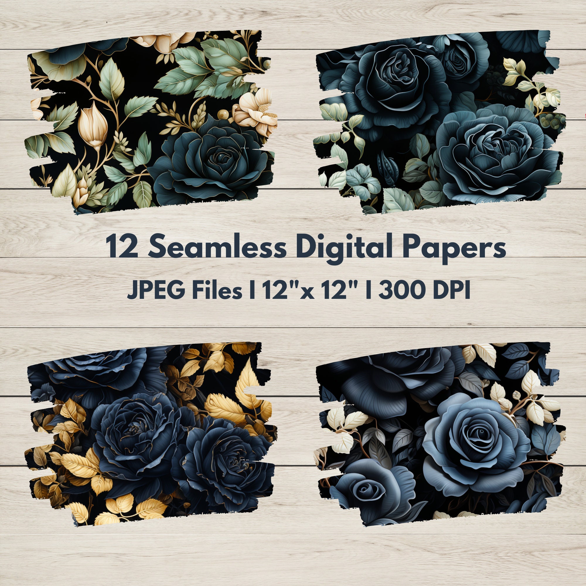 Midnight Blue Rose Flowers Digital Paper -- Seamless Pattern -- Flower ...