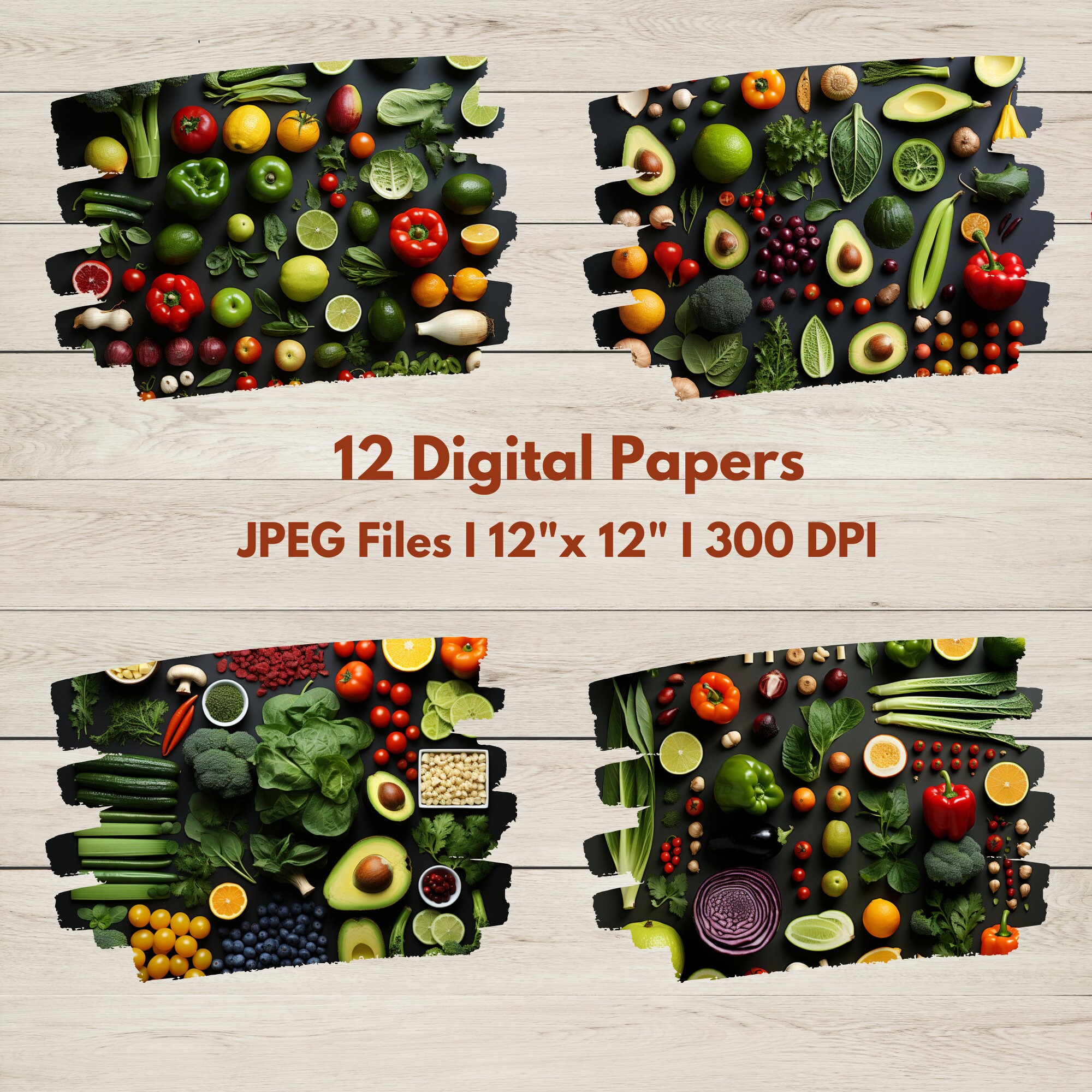 Fruits and Veggies Digital Paper -- Food Backgrounds -- 12 Designs ...