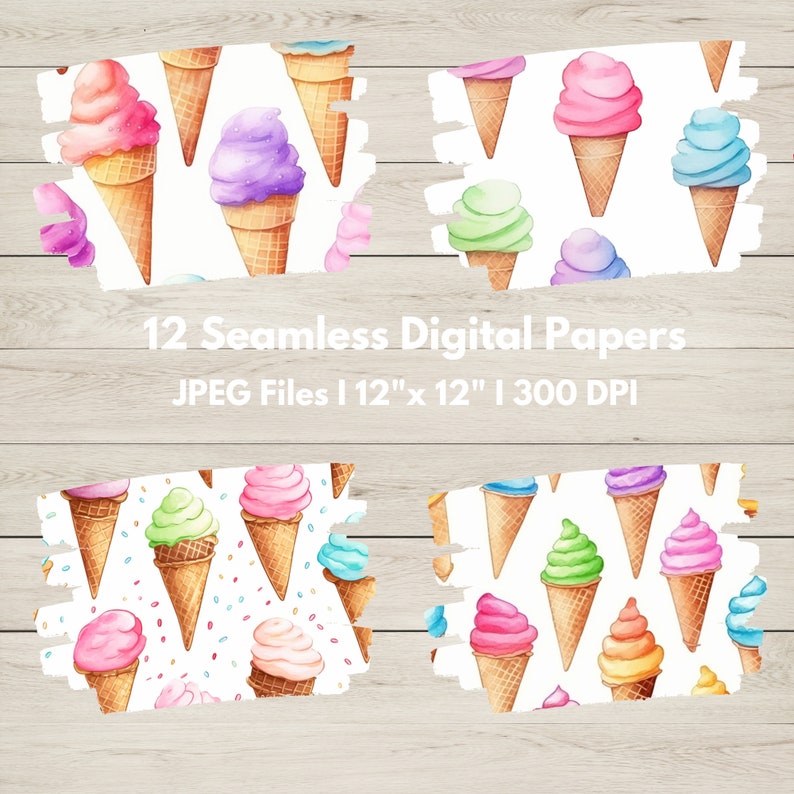 Watercolor Pastel Ice Cream Cone Digital Paper -- Seamless Pattern ...