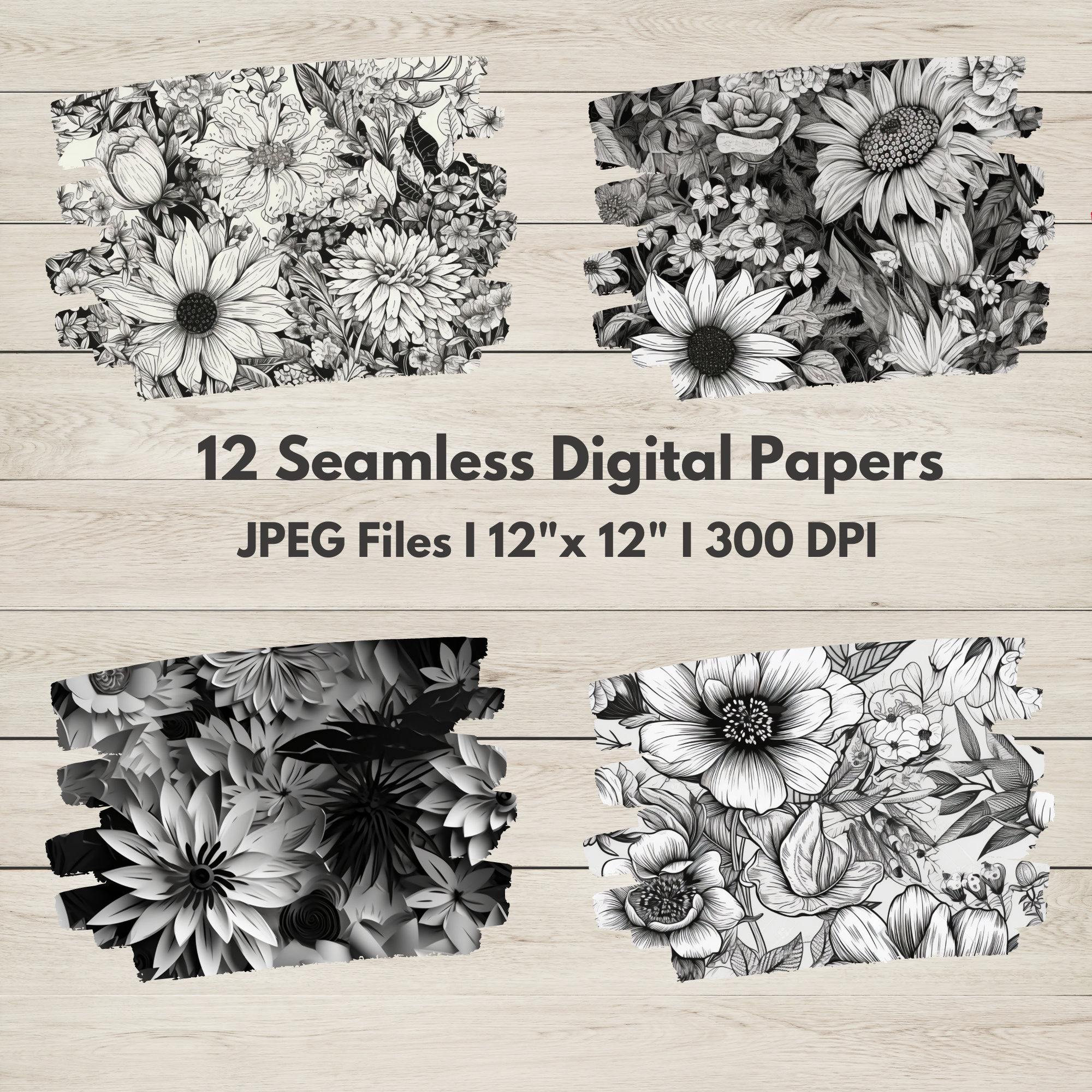 Black and White Floral Digital Paper -- Seamless Pattern -- Flower ...