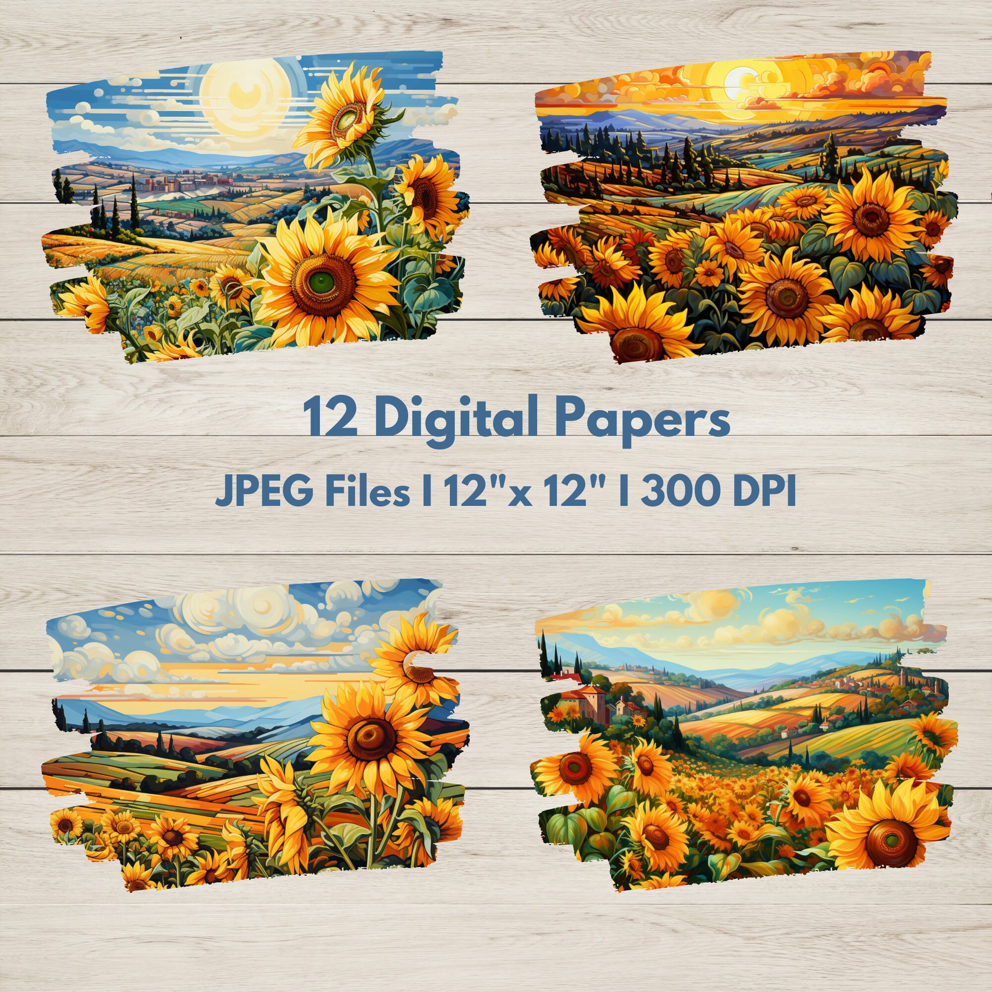 Sunflower Field Digital Paper -- Sunflower Backgrounds -- 12 Designs ...