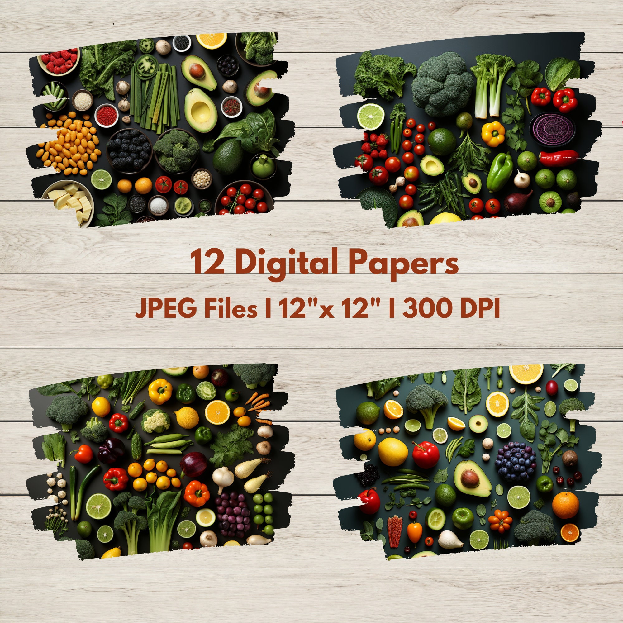 Fruits and Veggies Digital Paper -- Food Backgrounds -- 12 Designs ...