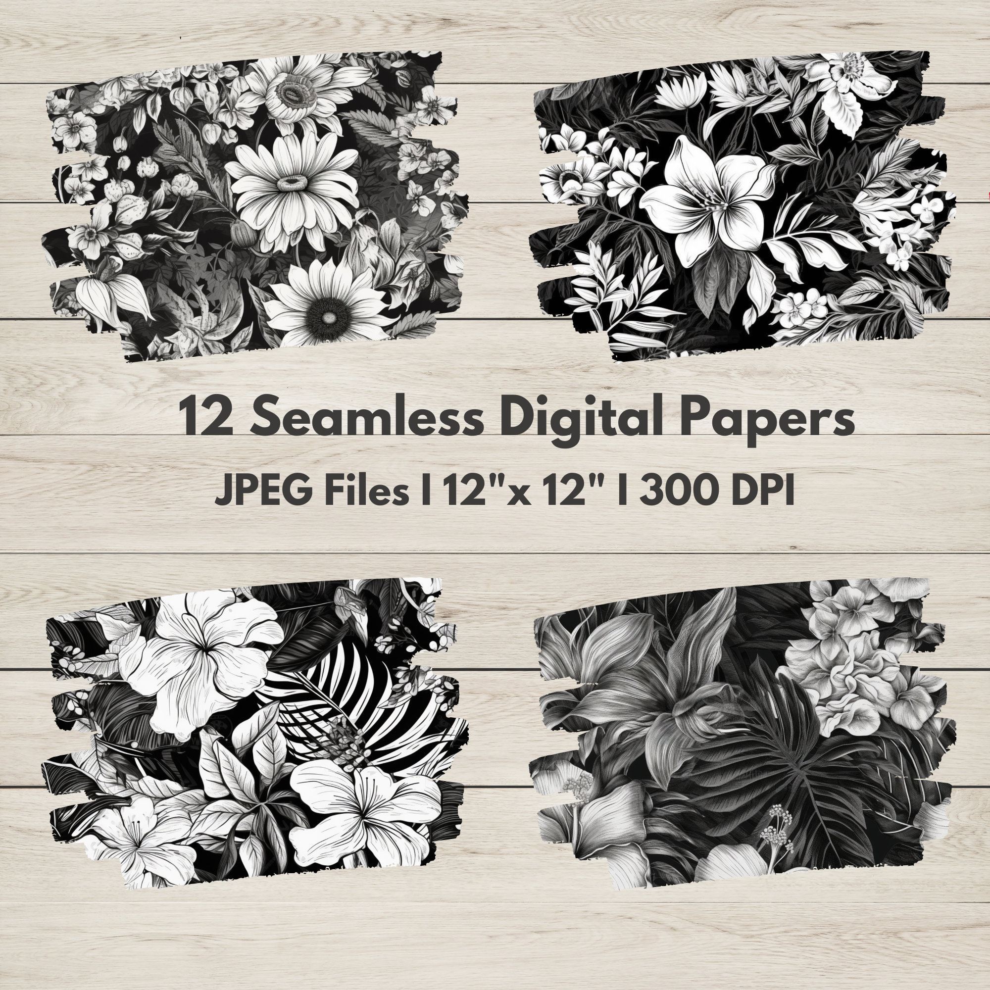 Black and White Floral Digital Paper -- Seamless Pattern -- Flower ...