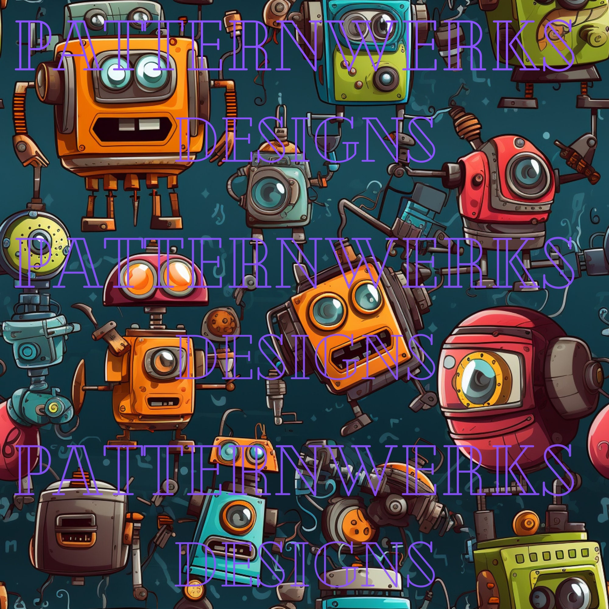Cartoon Steampunk Robot Digital Paper -- Seamless Pattern -- Robot ...