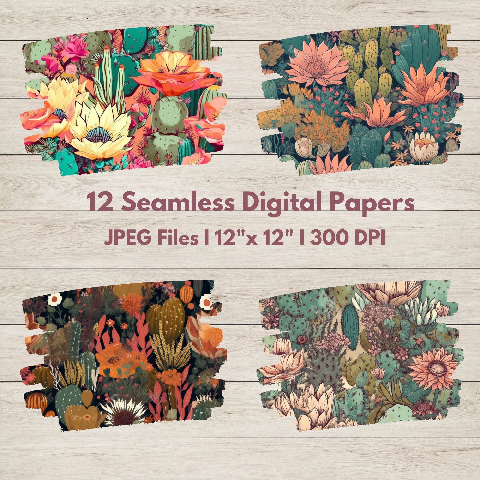 Cactus Flowers Digital Paper -- Seamless Pattern -- Flower Backgrounds ...