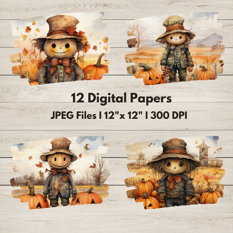 Watercolor Autumn Scarecrow Digital Paper -- Scarecrow Backgrounds ...