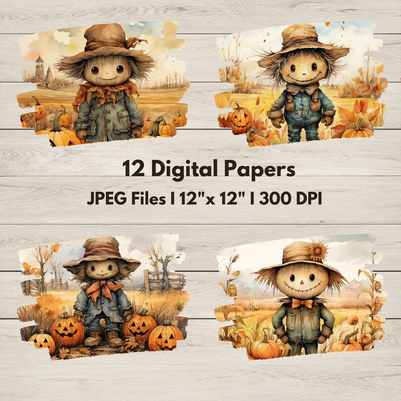 Watercolor Autumn Scarecrow Digital Paper -- Scarecrow Backgrounds ...