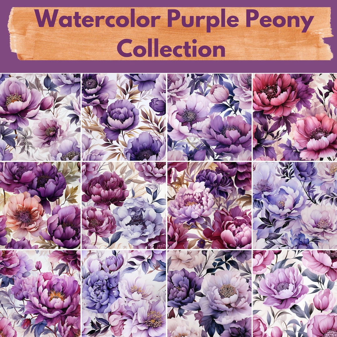 Watercolor Purple Peony Flowers Digital Paper -- Seamless Pattern ...