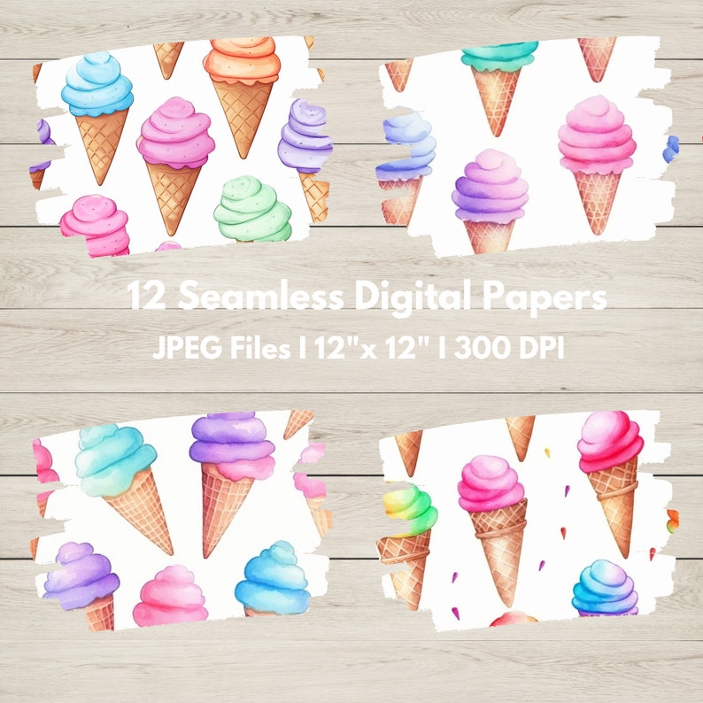Watercolor Pastel Ice Cream Cone Digital Paper -- Seamless Pattern ...