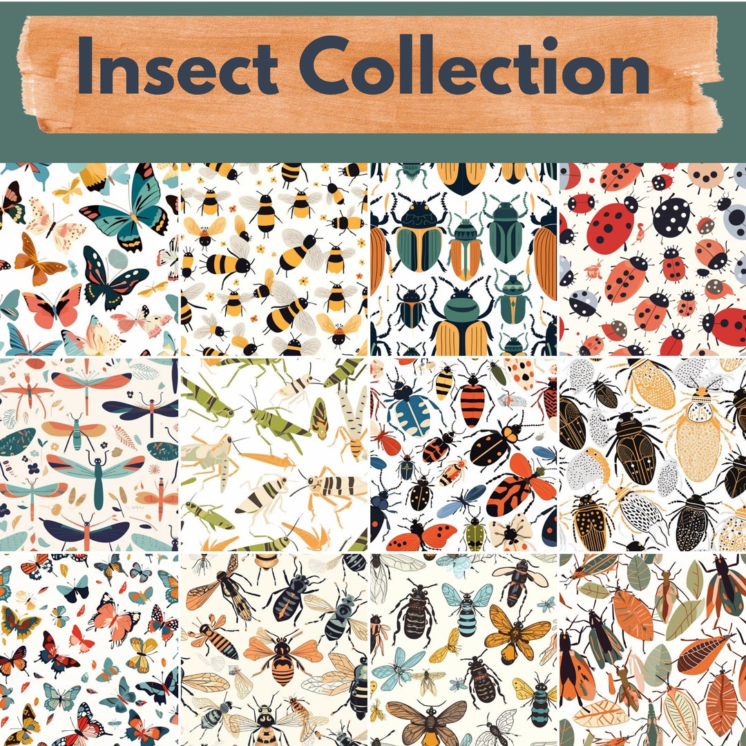 Insect Digital Paper -- Seamless Pattern -- Bug Backgrounds -- 12 ...