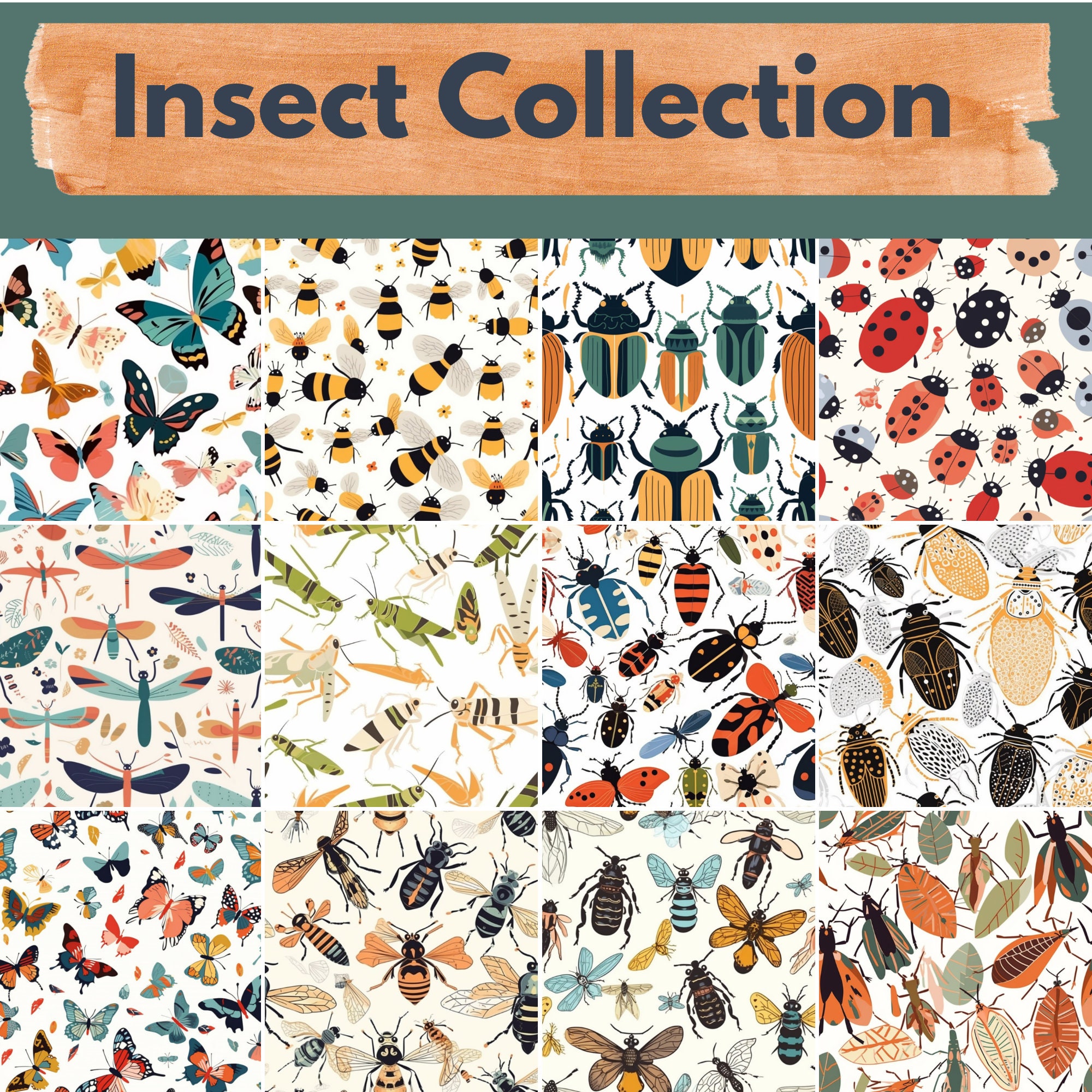 Insect Digital Paper -- Seamless Pattern -- Bug Backgrounds -- 12 ...