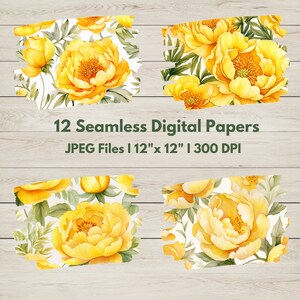 Watercolor Yellow Peony Flowers Digital Paper -- Seamless Pattern ...