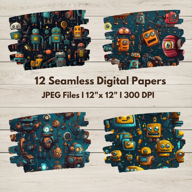 Cartoon Steampunk Robot Digital Paper -- Seamless Pattern -- Robot ...