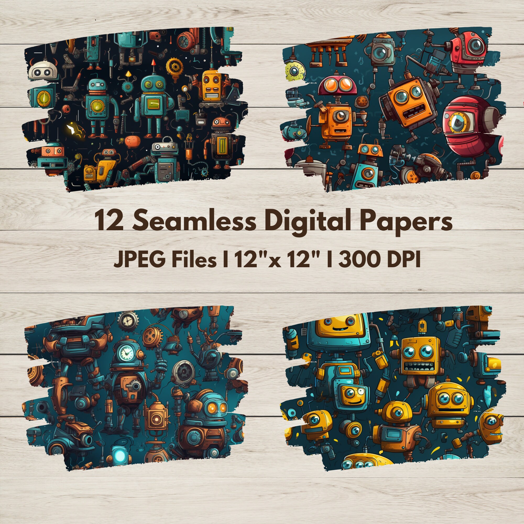 Cartoon Steampunk Robot Digital Paper -- Seamless Pattern -- Robot ...