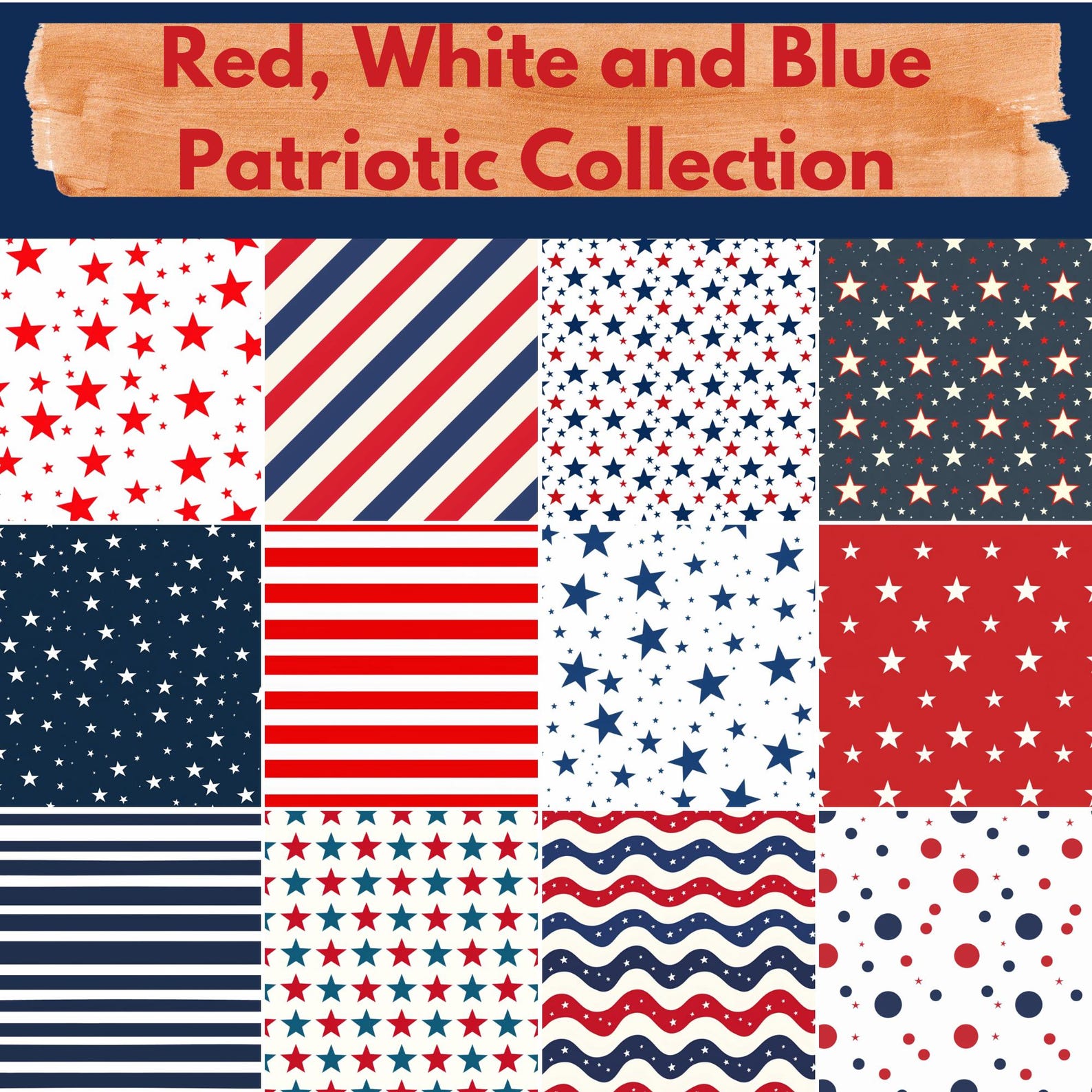 Red, White and Blue Patriotic Digital Paper -- Seamless Pattern ...