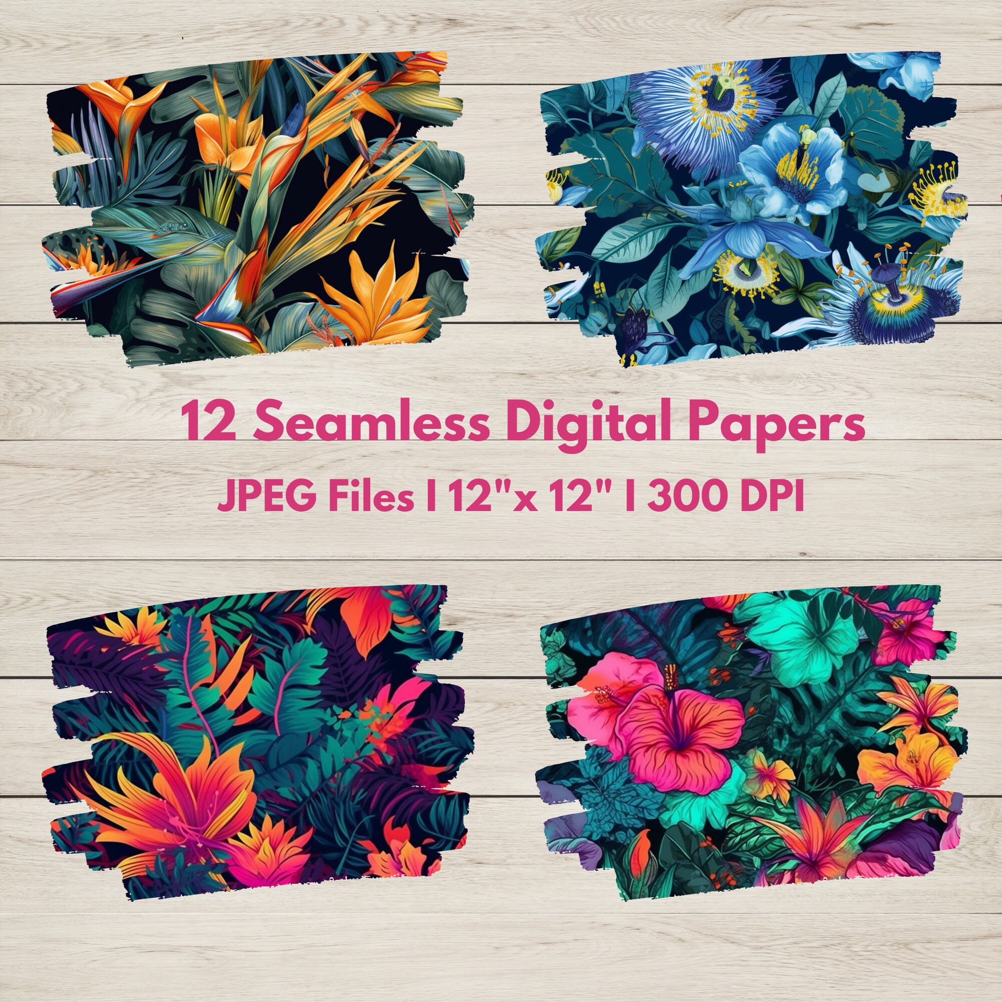 Tropical Flowers Digital Paper -- Seamless Pattern -- Flower Backgrounds -- 12 Designs ...