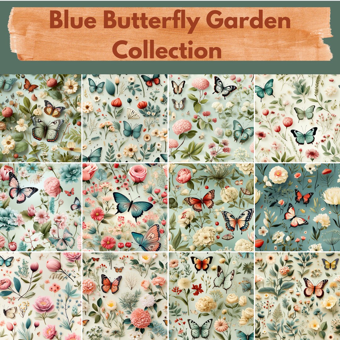 Blue Butterfly Garden Digital Paper -- Seamless Pattern -- Butterfly ...
