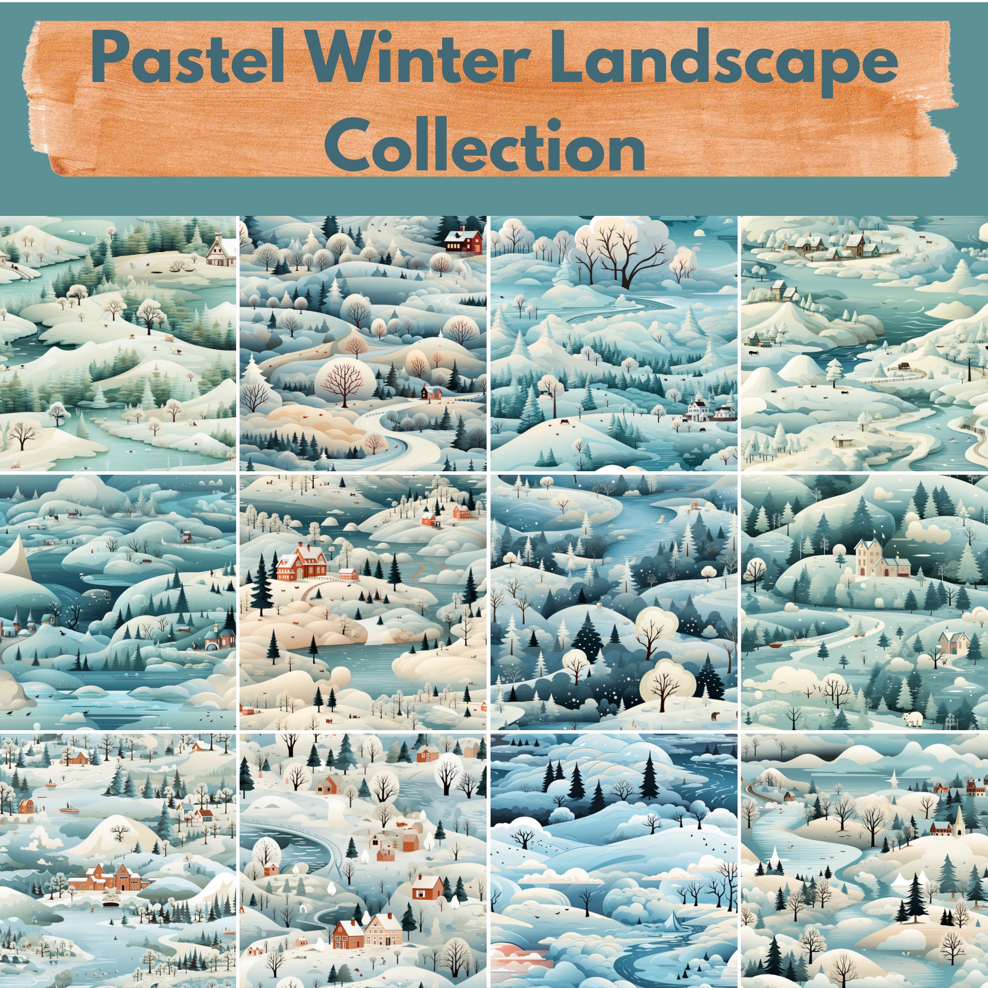 Pastel Winter Landscape Digital Paper -- Seamless Pattern -- Winter ...