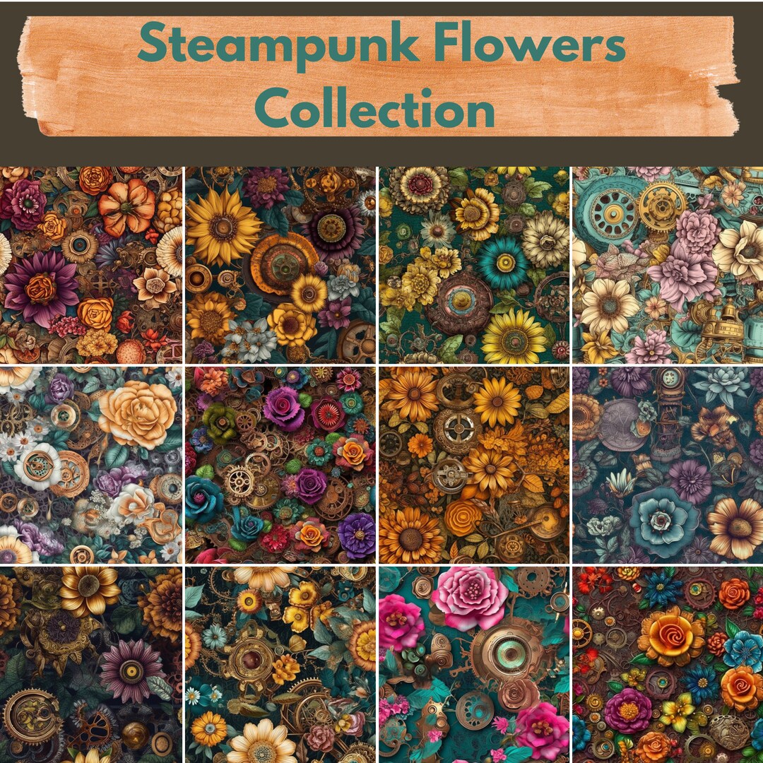 Steampunk Flowers Digital Paper -- Seamless Pattern -- Flower ...