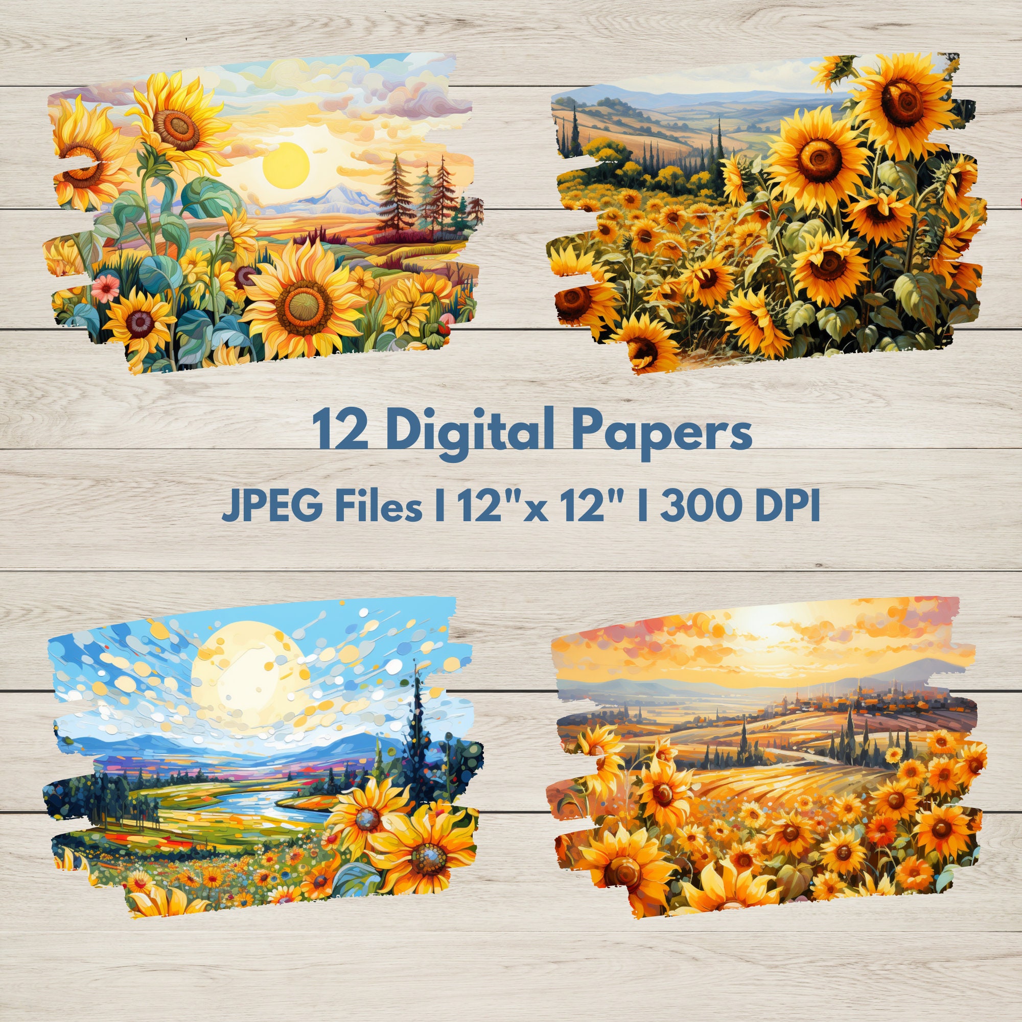 Sunflower Field Digital Paper -- Sunflower Backgrounds -- 12 Designs ...
