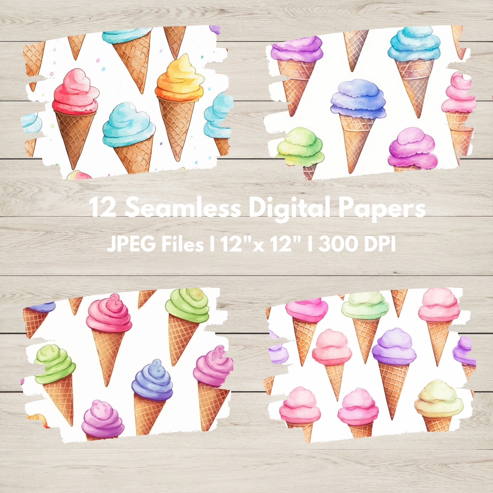 Watercolor Pastel Ice Cream Cone Digital Paper -- Seamless Pattern ...