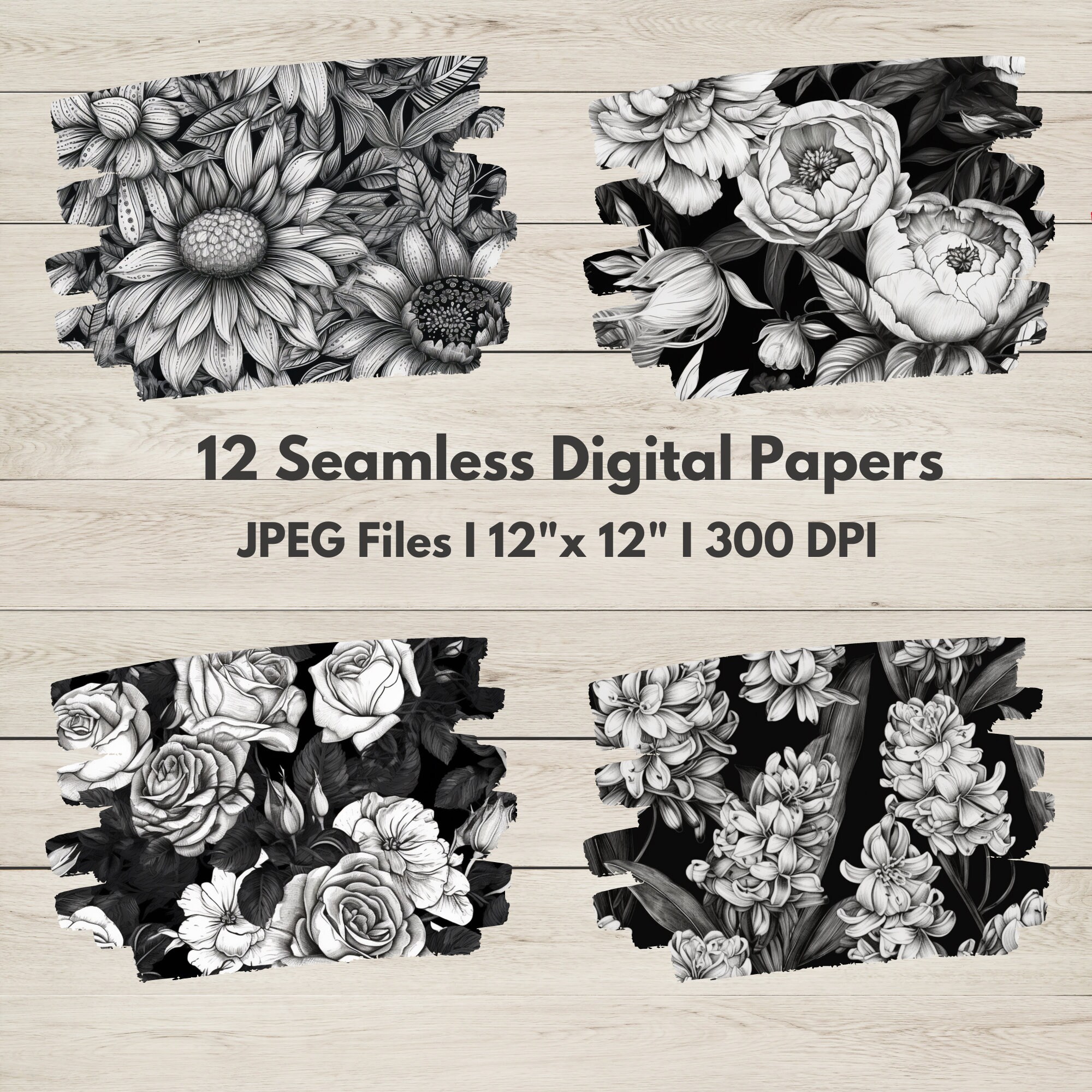 Black and White Floral Digital Paper Seamless Pattern Flower ...