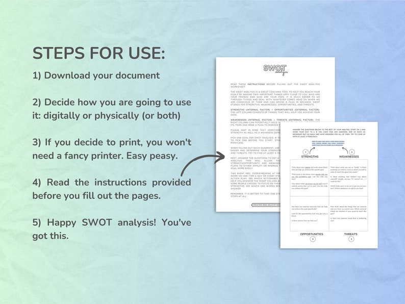 SWOT Analysis, Strength and Weaknesses Worksheet With Instructions ...