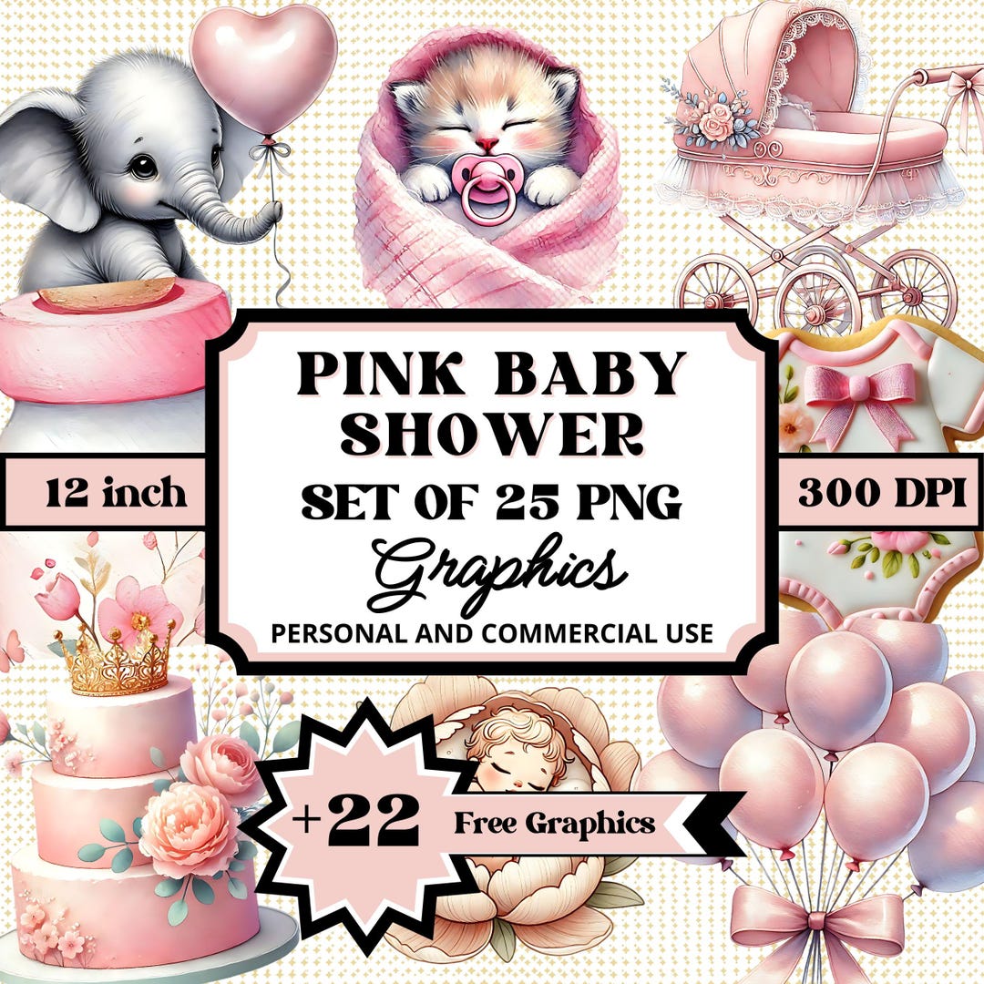 Pink Baby Shower Clipart Set: Elephant, Cake, Pram (25 PNG Graphics) - Etsy