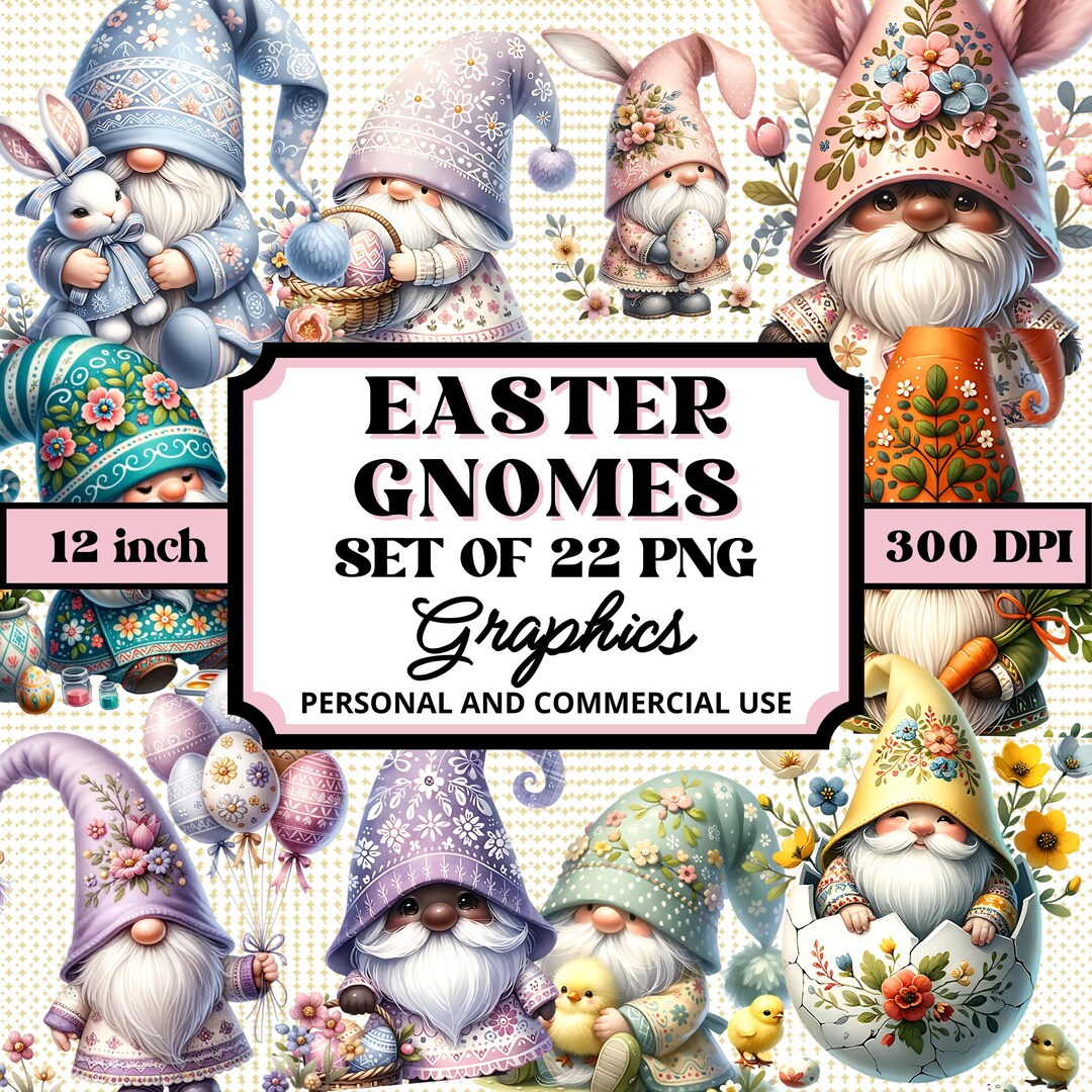 Easter Gnome Clip Art Bundle, Cute Easter Gnomes Set, 22 PNG Graphics ...