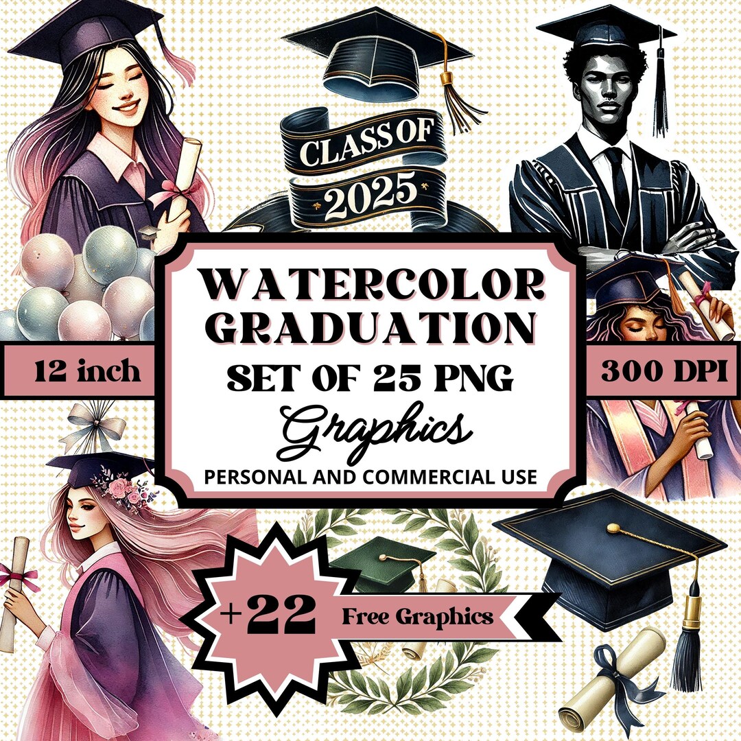 Watercolor Graduation Clipart PNG Set, Class of 2025 (digital Download ...
