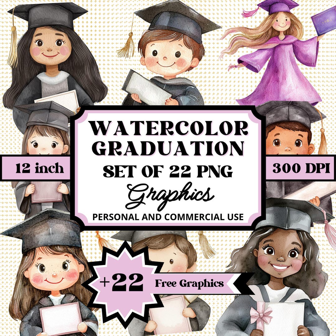 Watercolor Graduation Graphics Set, 22 PNG Clipart Bundle, Graduation ...