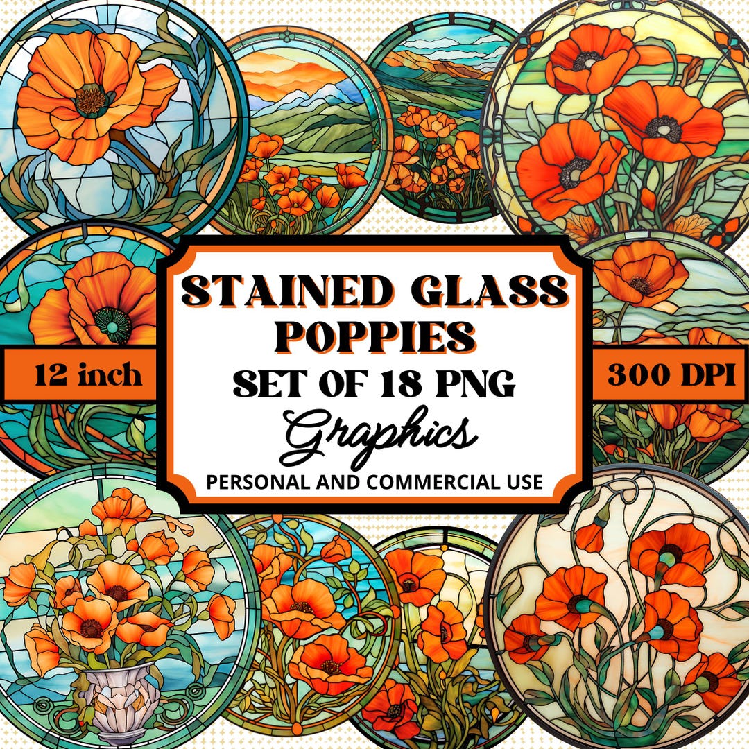 California Poppy Stained Glass Pngs, Set of 18 Floral Graphics for ...